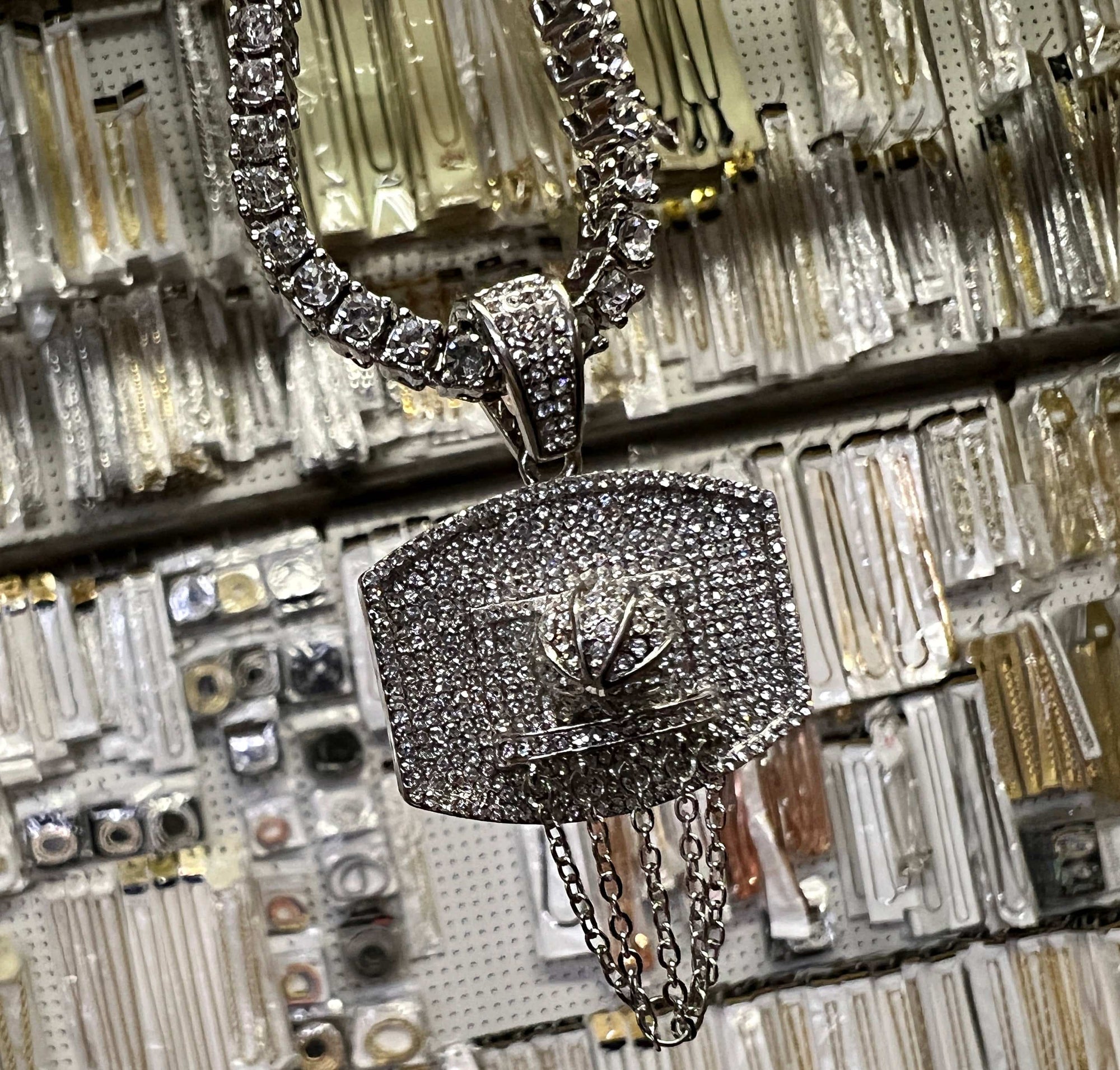 Basketball Hoop Iced Pendant Chain Silver Tone One Row Tennis Necklace