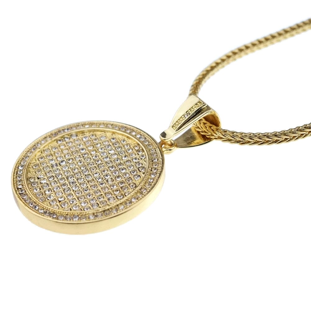 Big Medallion Round Iced CZ Pendant Gold Finish Franco Chain Necklace