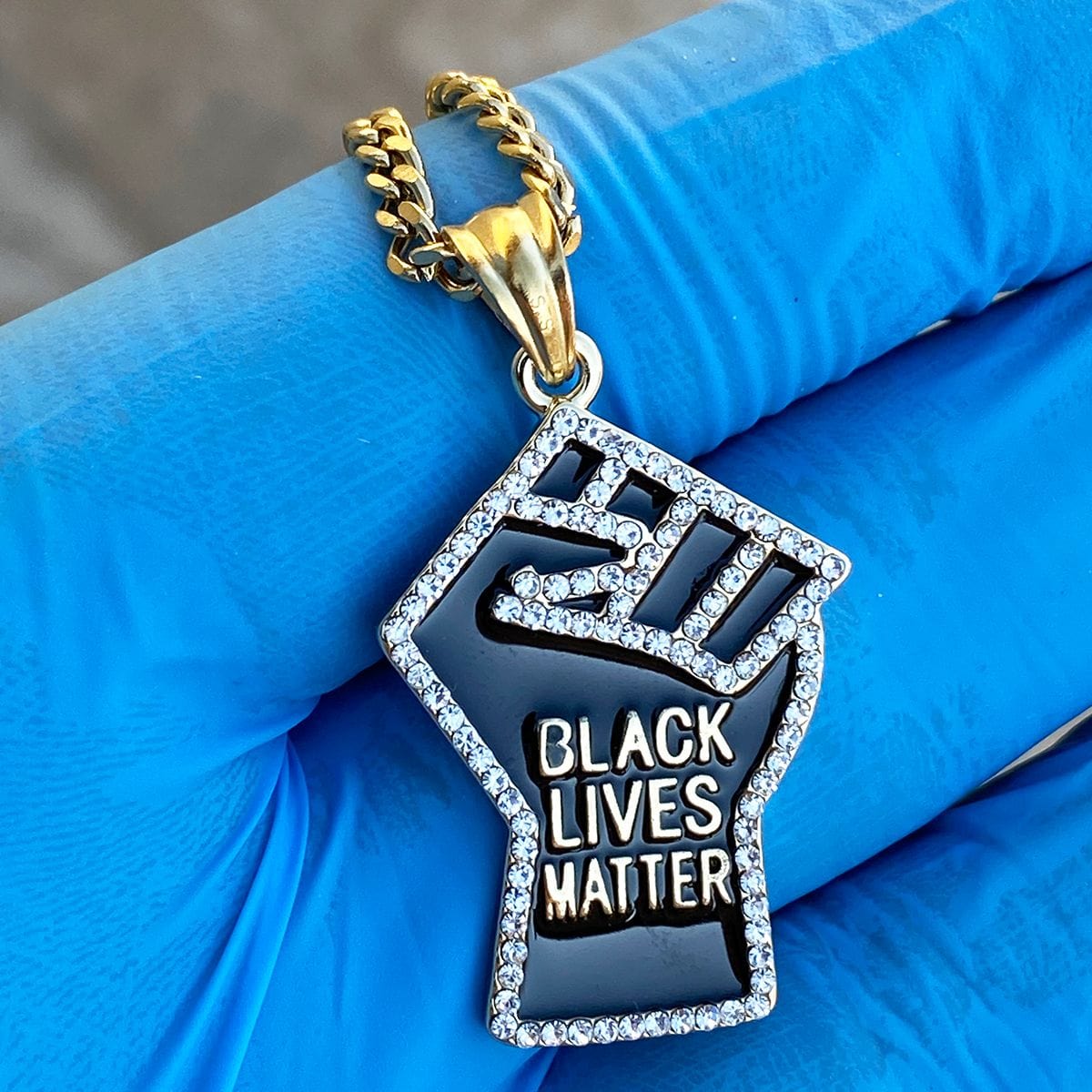 Black Lives Matter Fist Iced Pendant Gold Finish on St. Steel Cuban Ch