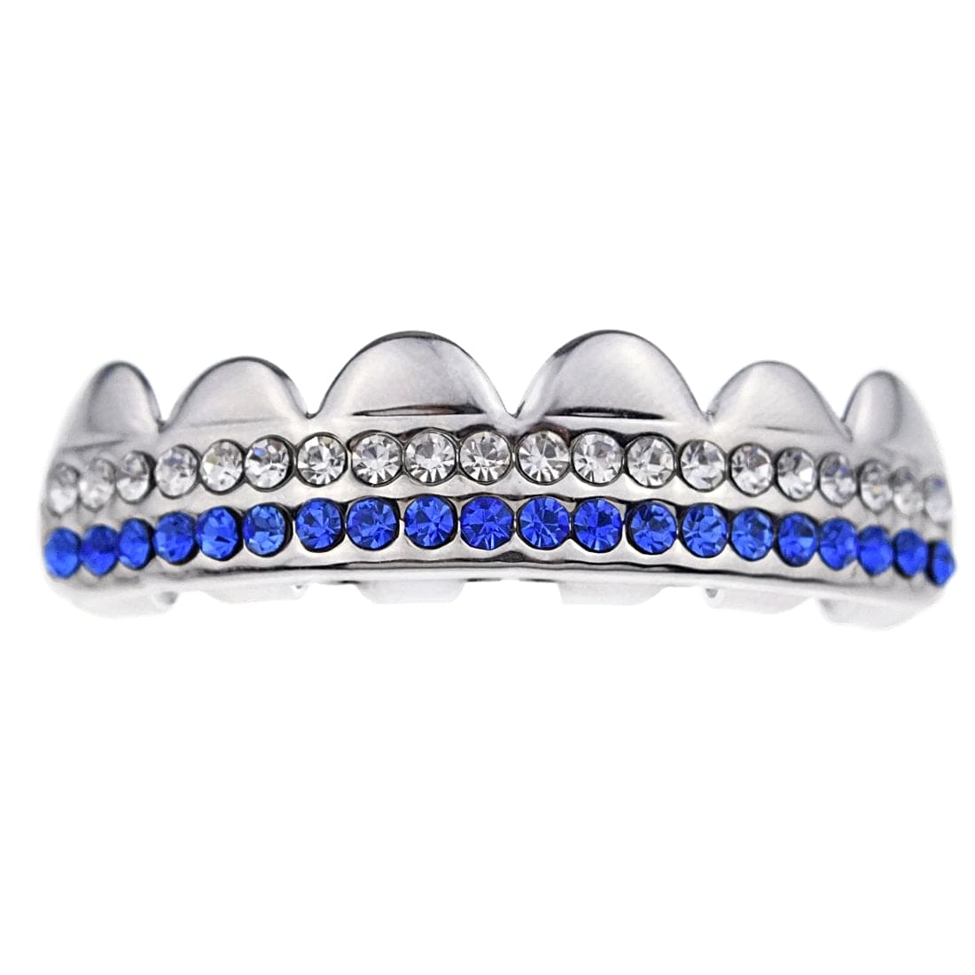 Blue Silver 2 Row Iced Top Teeth Grillz