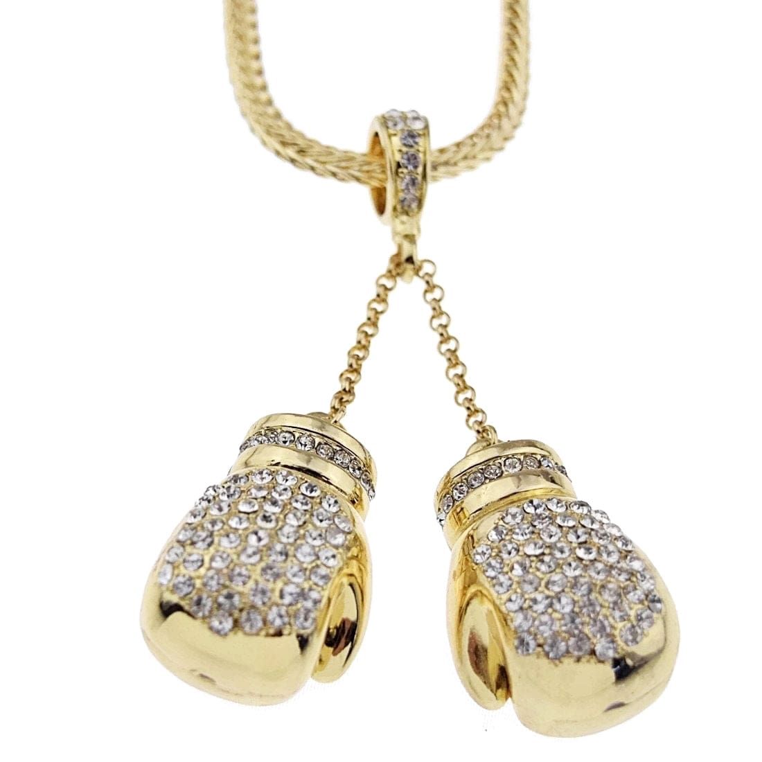 Boxing Gloves Iced Flooded Out Franco Chain Gold Finish Necklace 36"