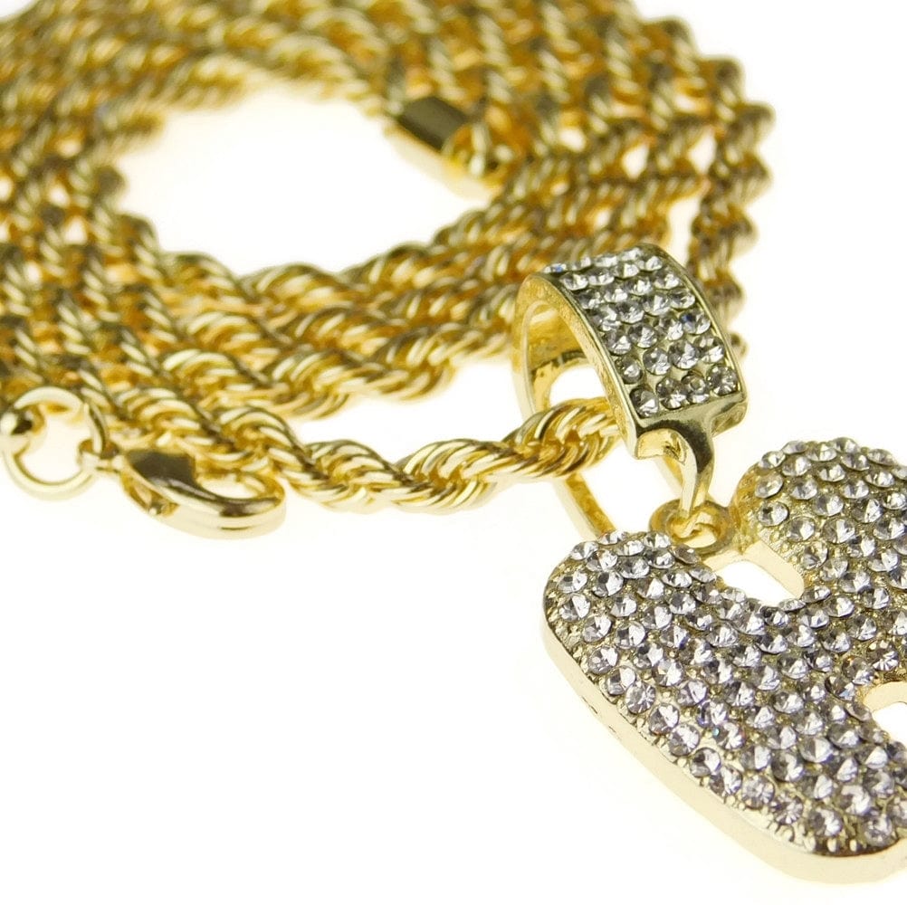 Bubble Letter H Gold Finish Rope Chain Necklace 24"