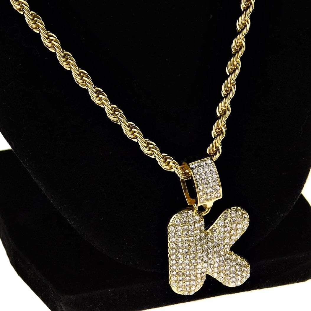 Bubble Letter K Gold Finish Rope Chain Necklace 24"