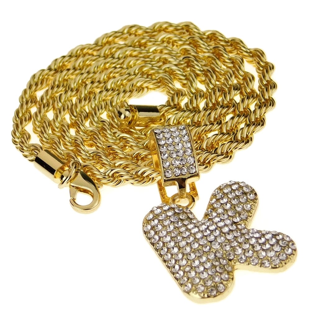 Bubble Letter K Gold Finish Rope Chain Necklace 24"