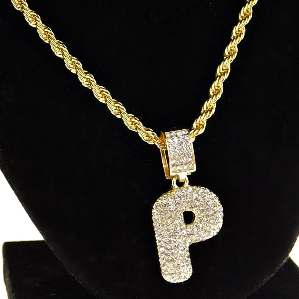 Bubble Letter P Gold Finish Rope Chain Necklace 24"
