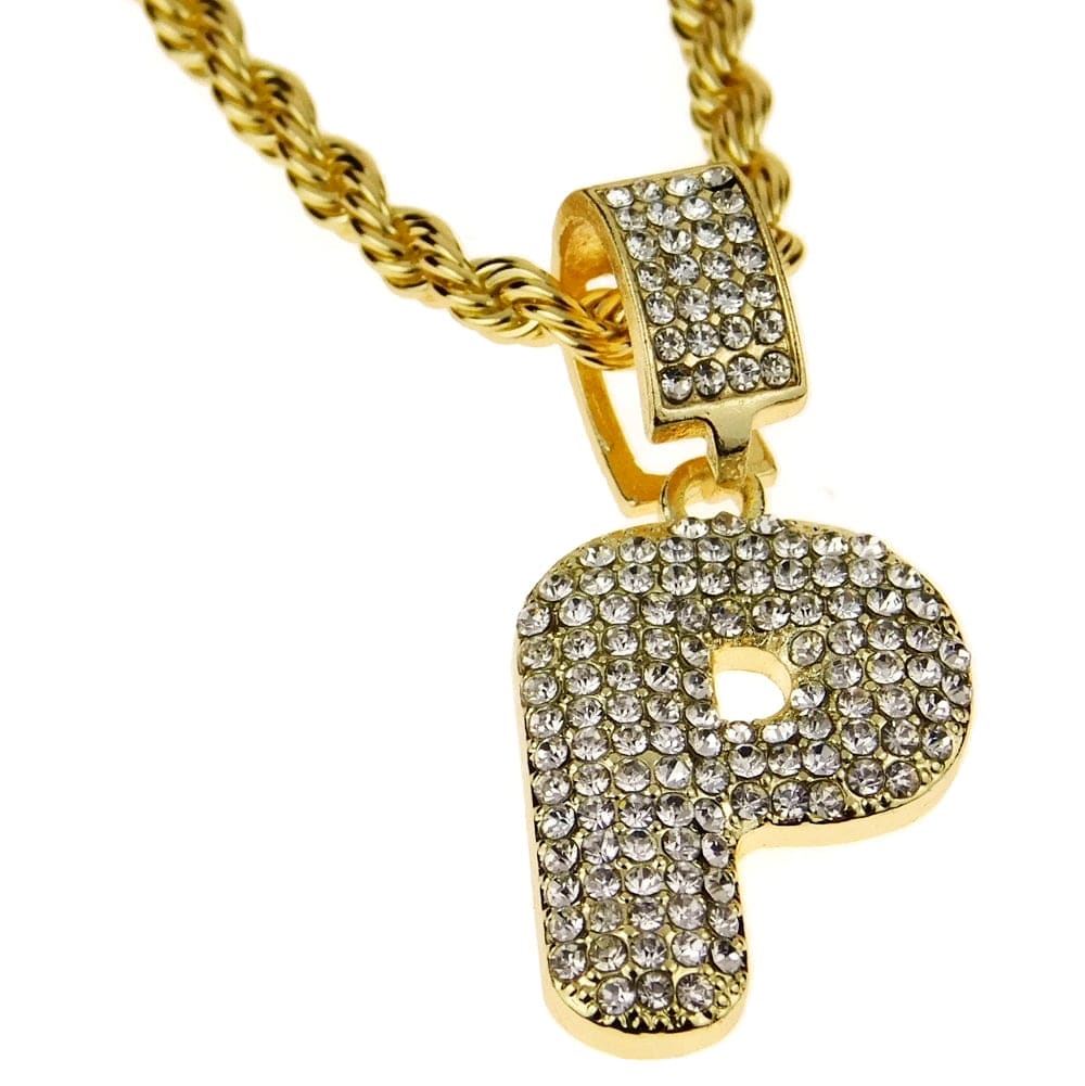 Bubble Letter P Gold Finish Rope Chain Necklace 24"
