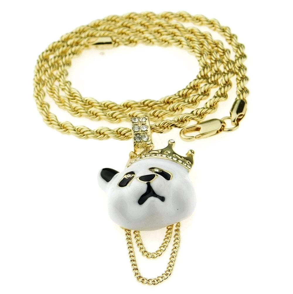 Crown Panda Pendant Gold Finish Rope Chain Necklace 4MM 24"
