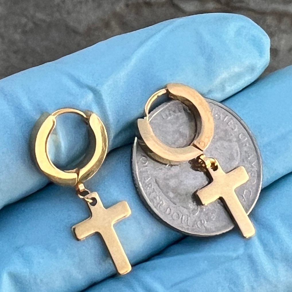 Dangle Drop Cross Hoop Earrings Gold Plated over Stainless Steel