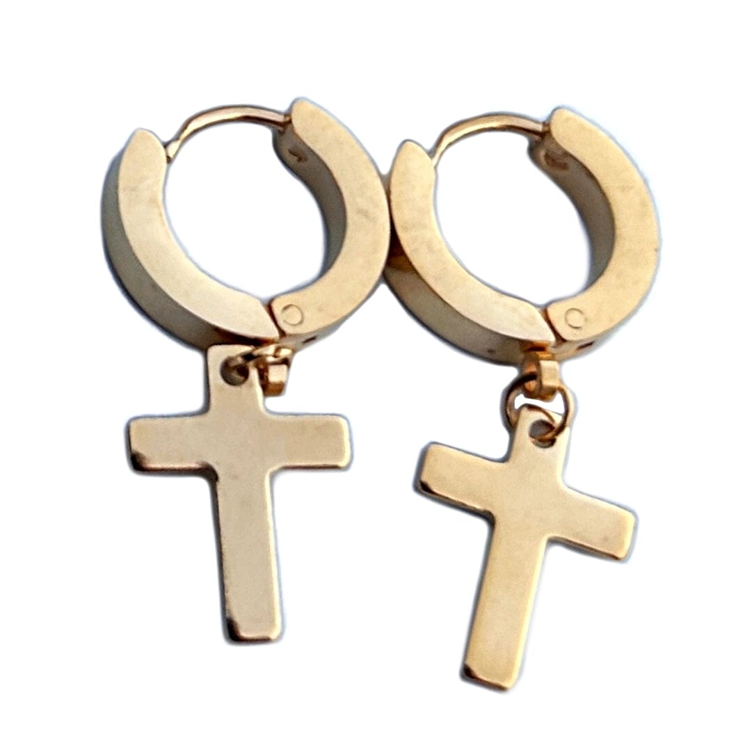 Dangle Drop Cross Hoop Earrings Gold Plated over Stainless Steel