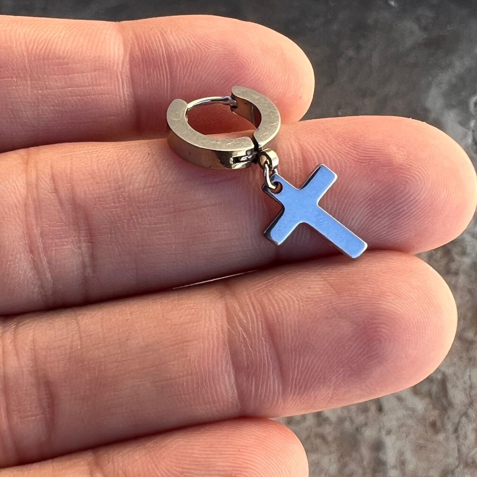 Dangle Drop Cross Hoop Earrings Silver Stainless Steel