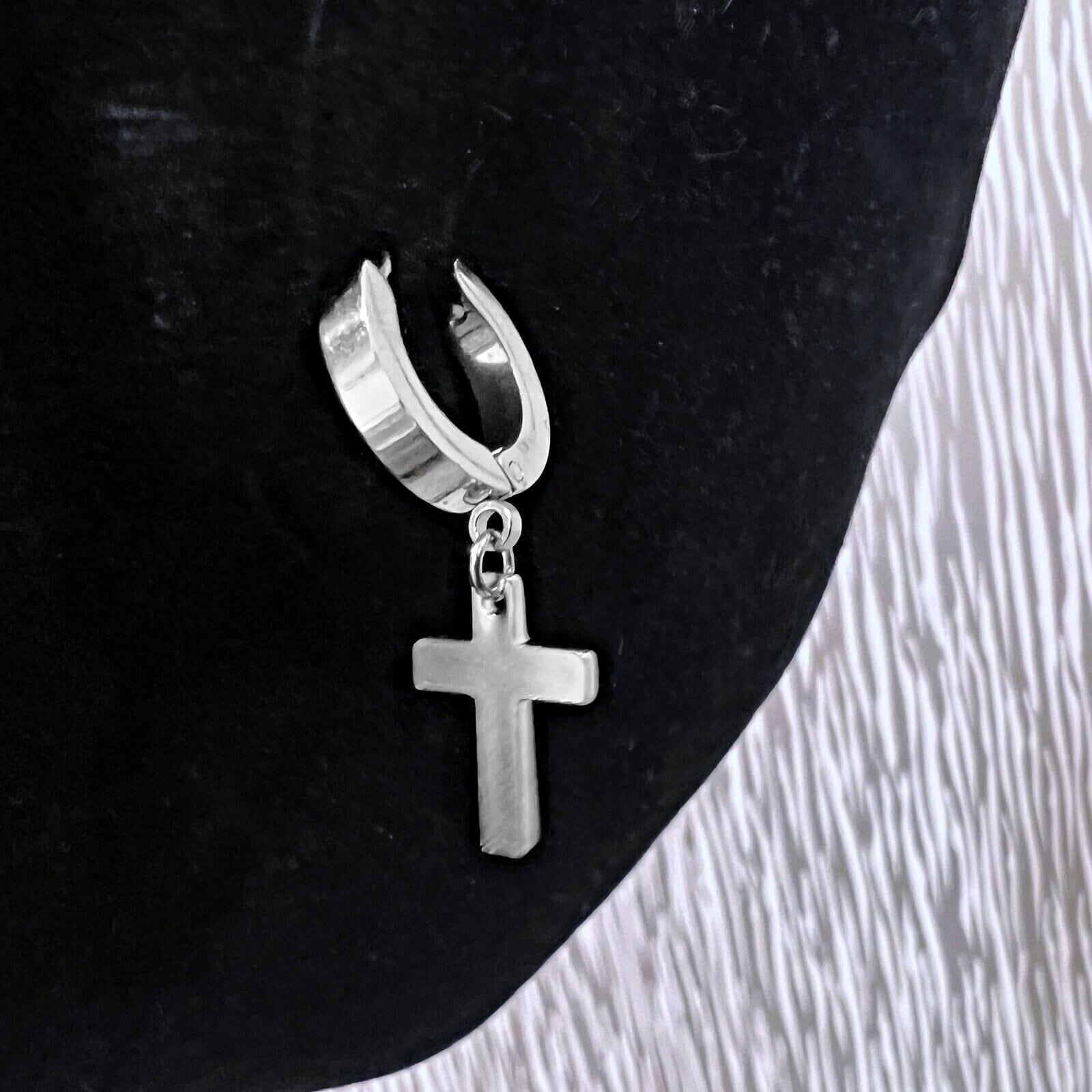 Dangle Drop Cross Hoop Earrings Silver Stainless Steel