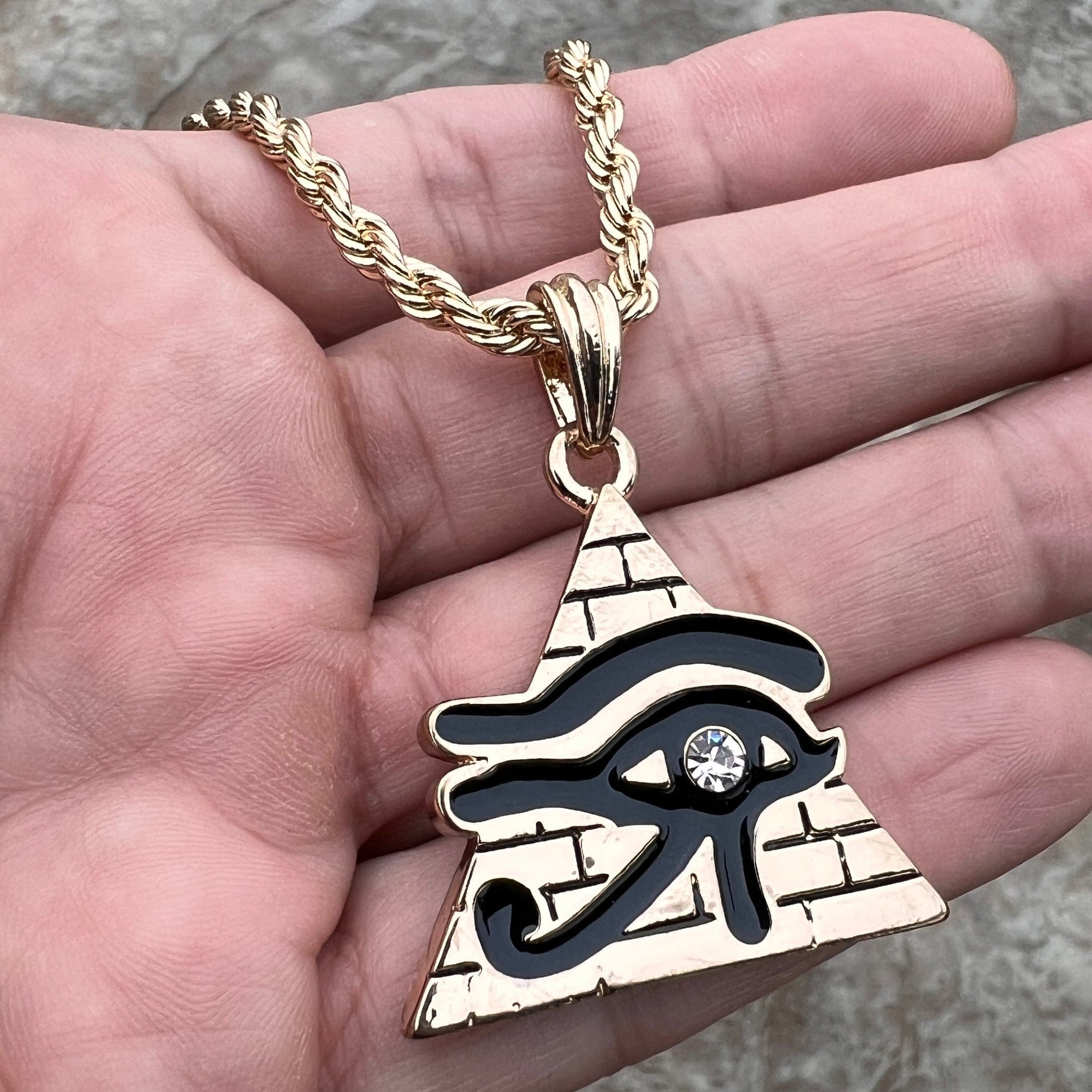 Eye Of Horus Flat Pyramid Gold Plated and Black Pendant Ra Rope Chain