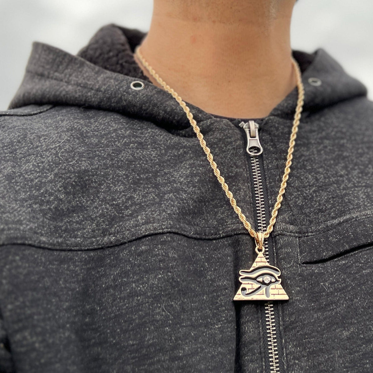 Eye Of Horus Flat Pyramid Gold Plated and Black Pendant Ra Rope Chain