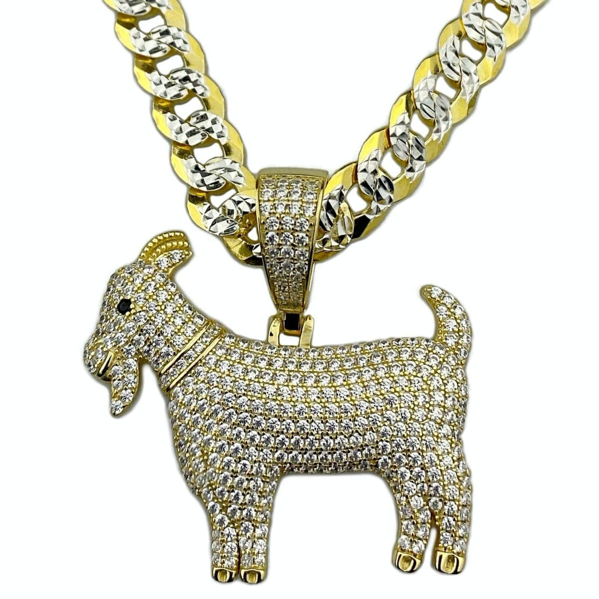 GOAT Iced CZ Pendant Gold Finish Over 925 Silver Cuban Chain Necklace