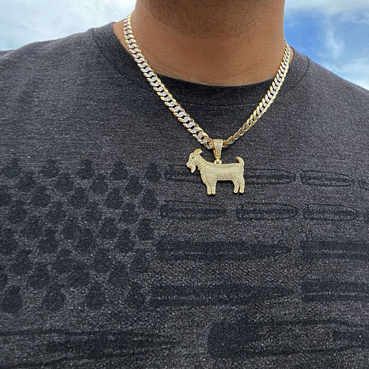 GOAT Iced CZ Pendant Gold Finish Over 925 Silver Cuban Chain Necklace
