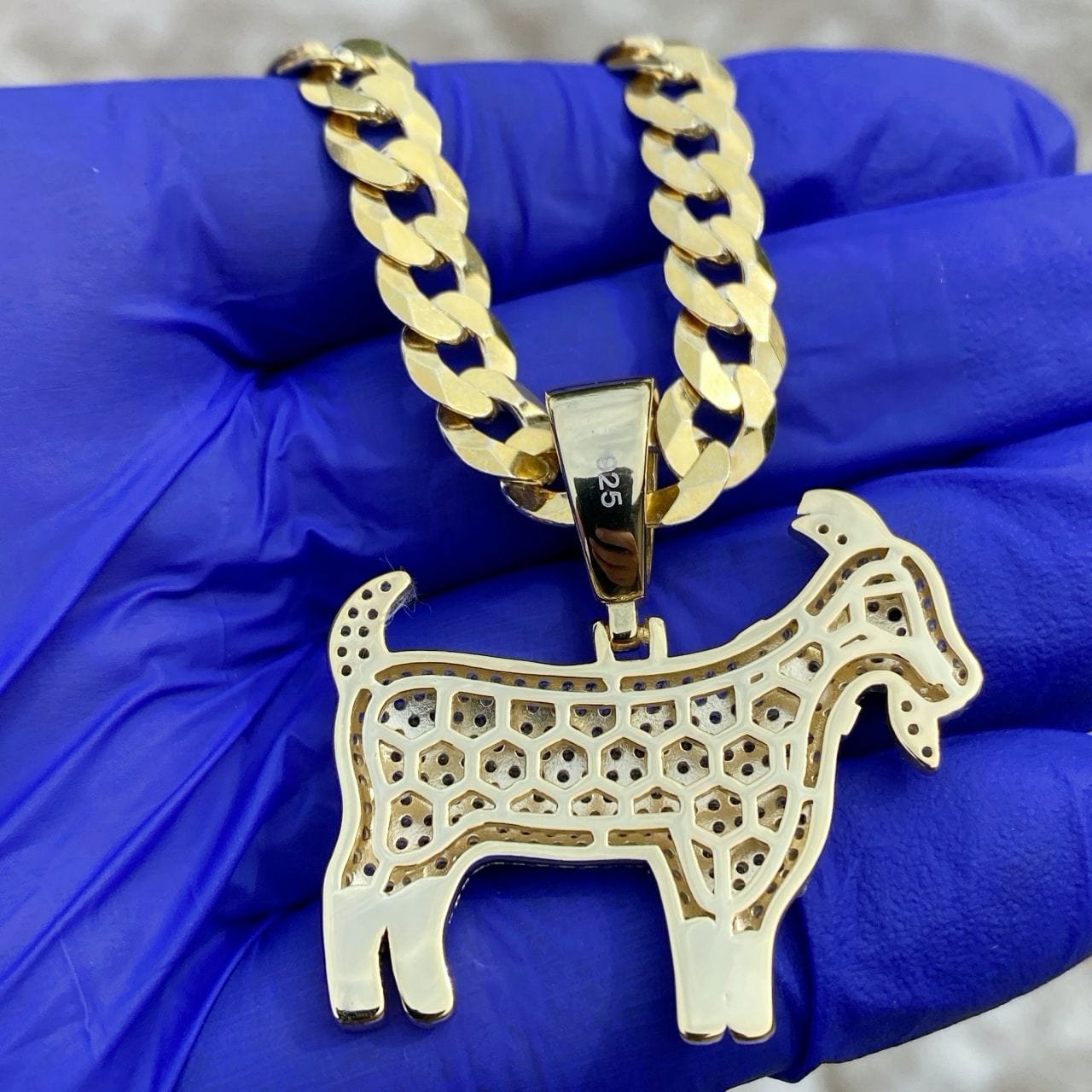 GOAT Iced CZ Pendant Gold Finish Over 925 Silver Cuban Chain Necklace