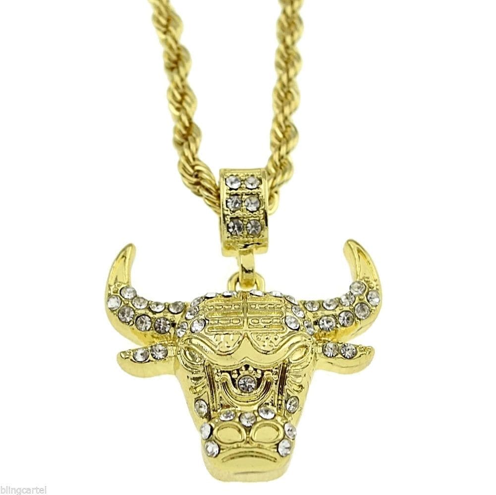 Gold Finish Bull Head Rope Chain Necklace 24"