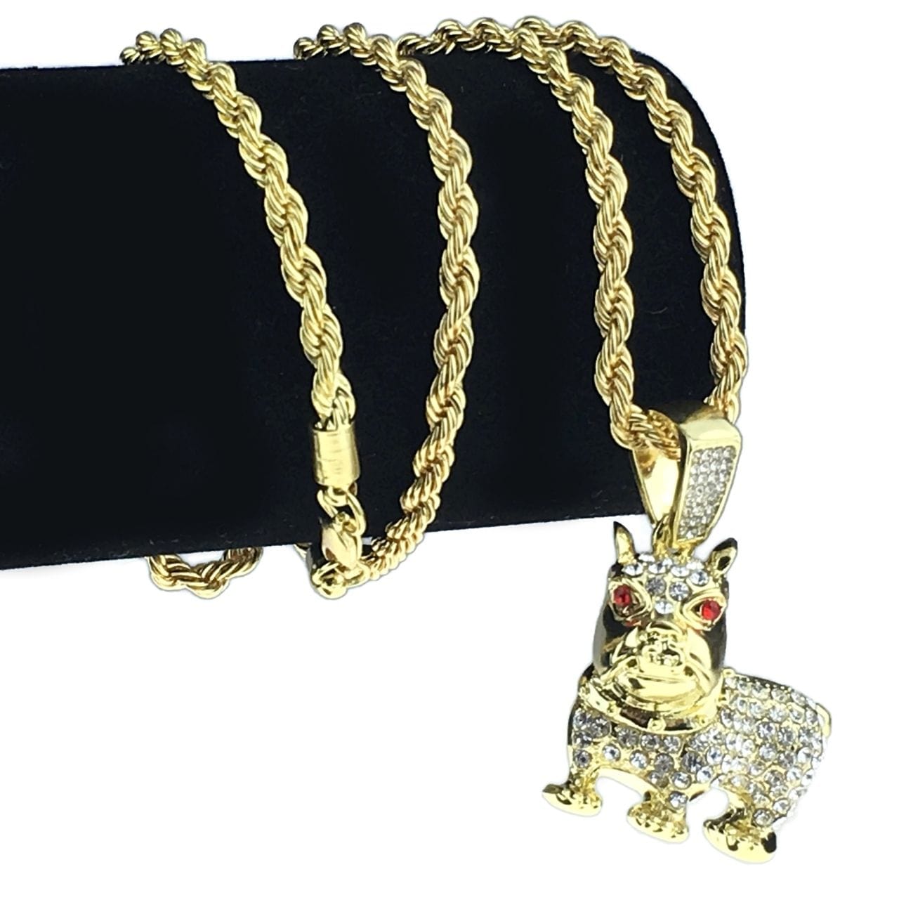 Bulldog Body w/Red Eyes Gold Finish Rope Chain 24" 4MM