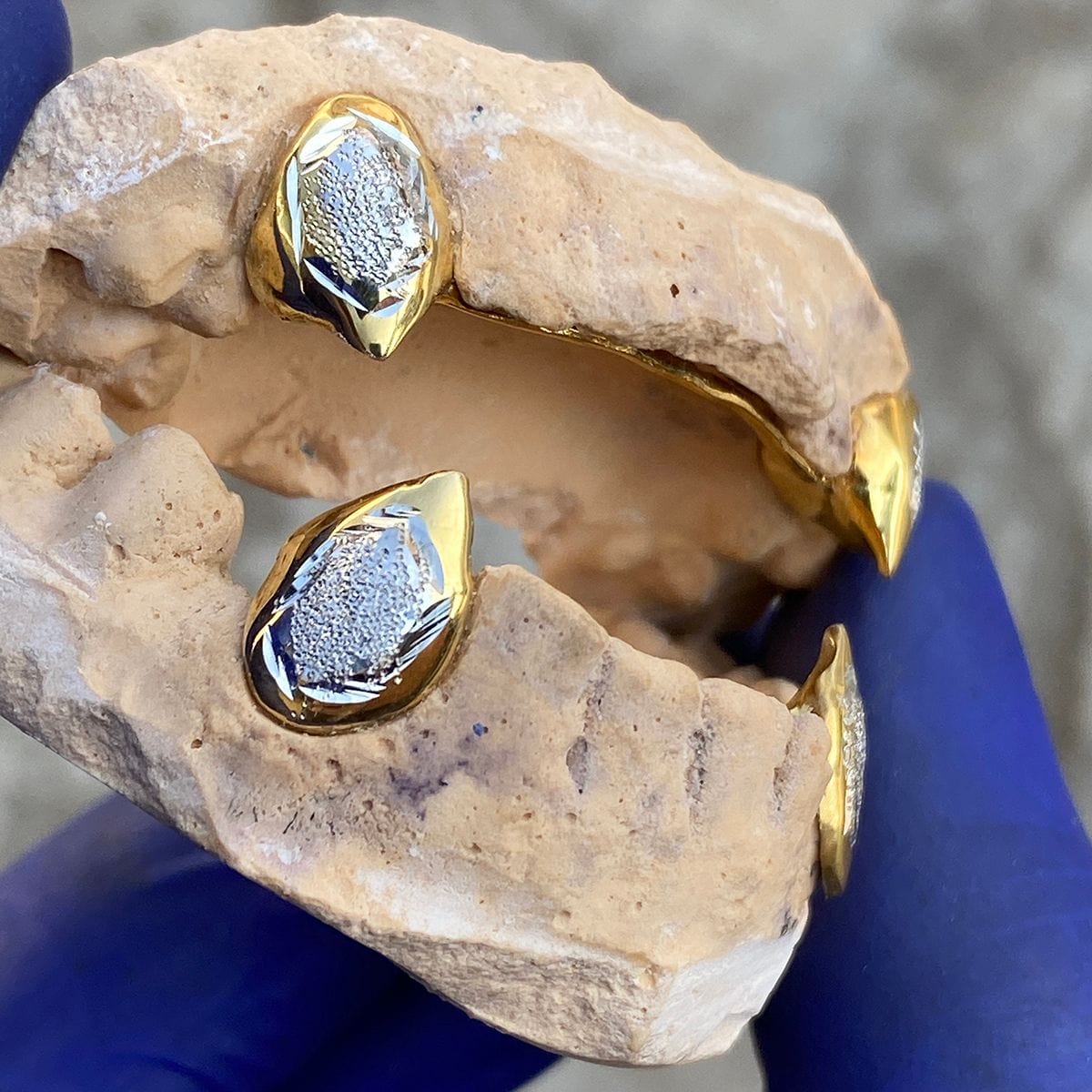 Gold Plated over 925 Silver Two-Tone Diamond Dust Custom Vampire Fangs