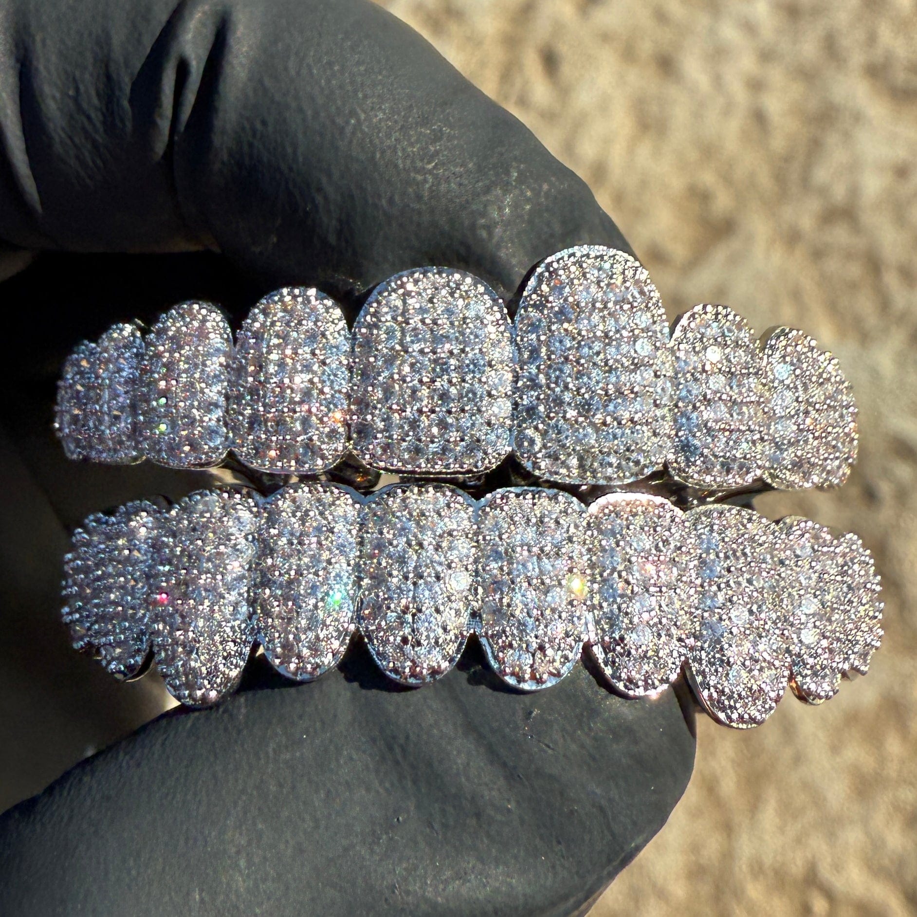 Grillz Set 10 Top Teeth & Ten Bottom Big Front Tooth Iced CZ Bling Gri