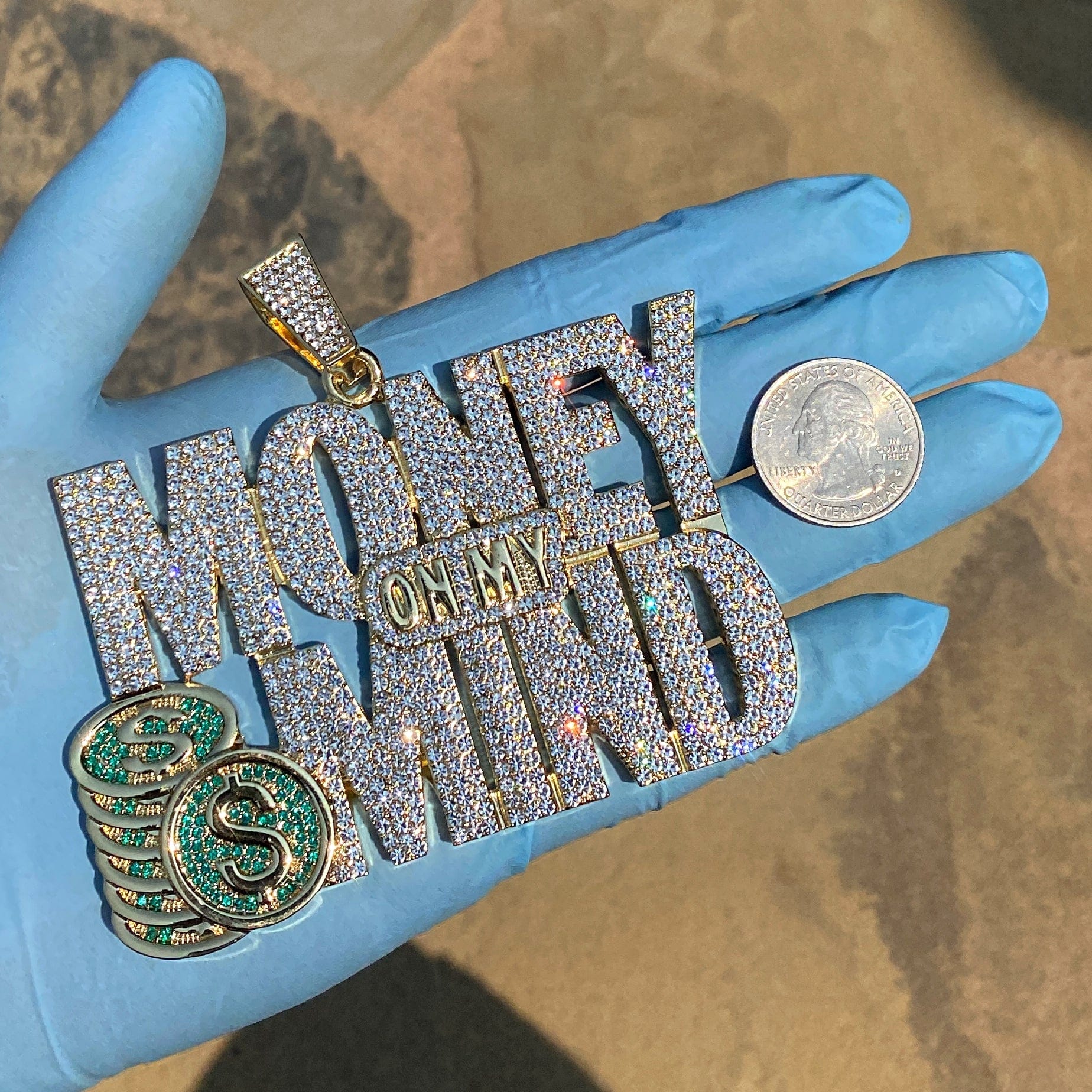 Huge 14K Gold Finish "Money on My Mind" Iced Flooded Out Hip Hop Penda