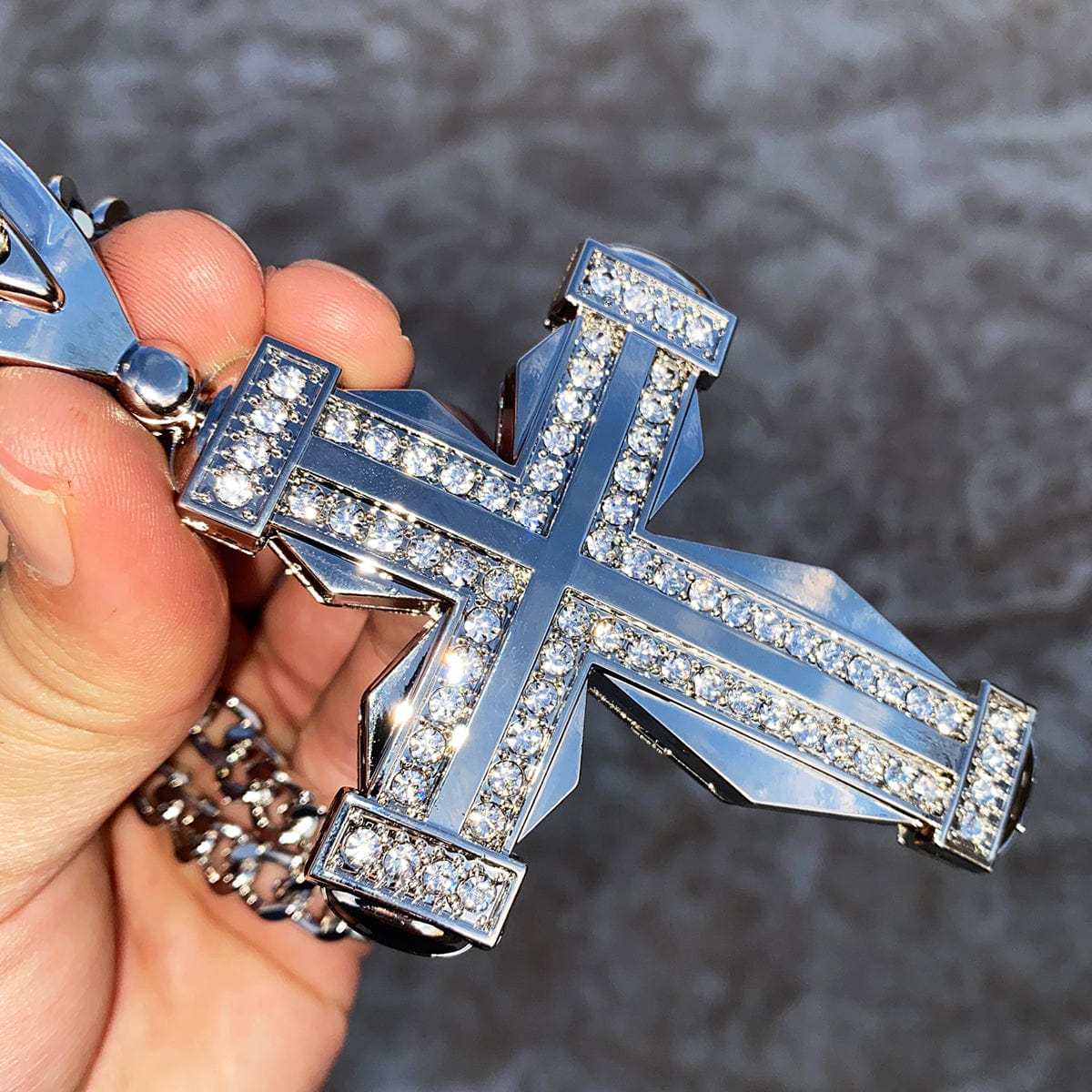 Huge Fully Iced Double Cross Silver Tone Cuban Chain Necklace 30"