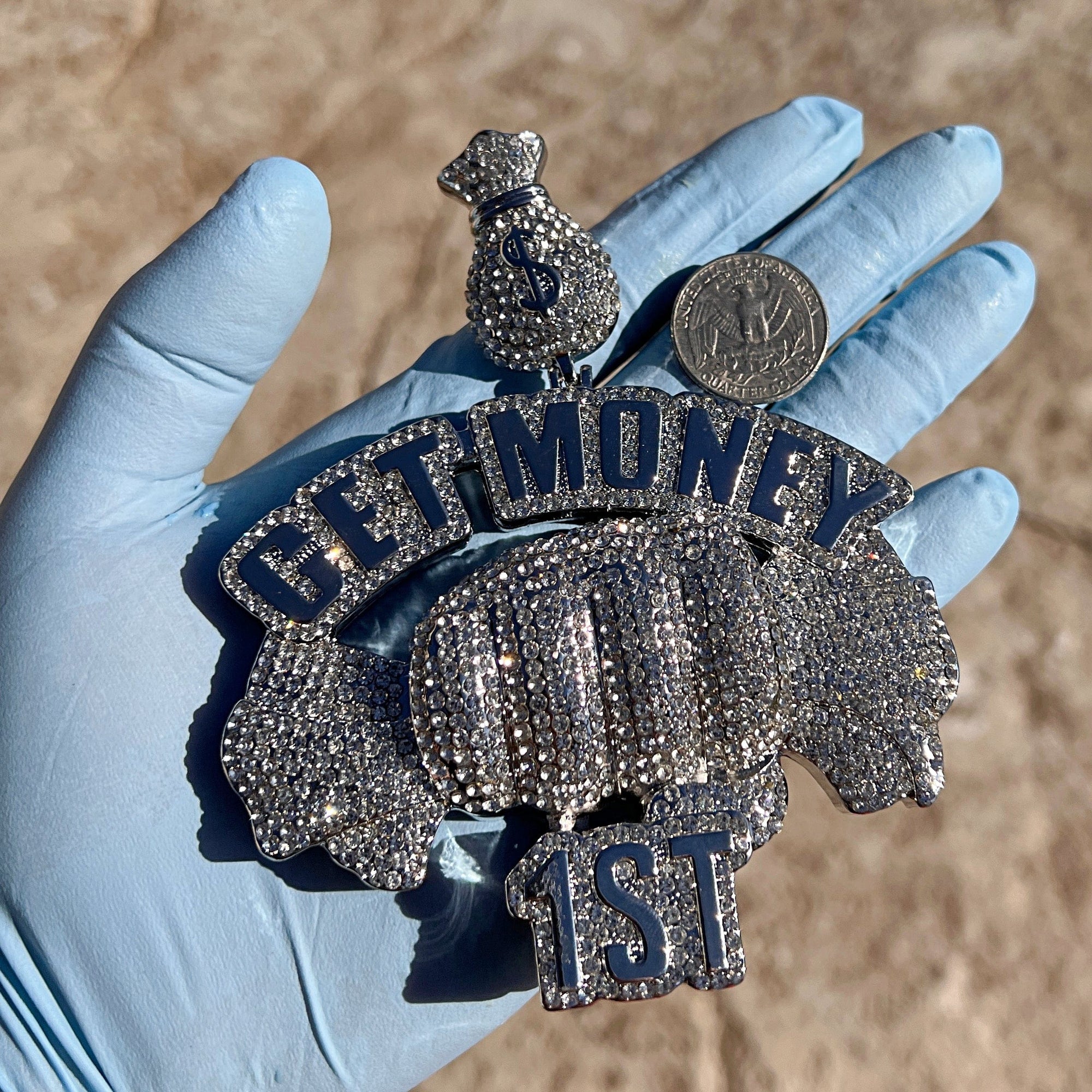 Huge "Get Money 1st" Cash Fist Jumbo Hip Hop Pendant Silver Tone