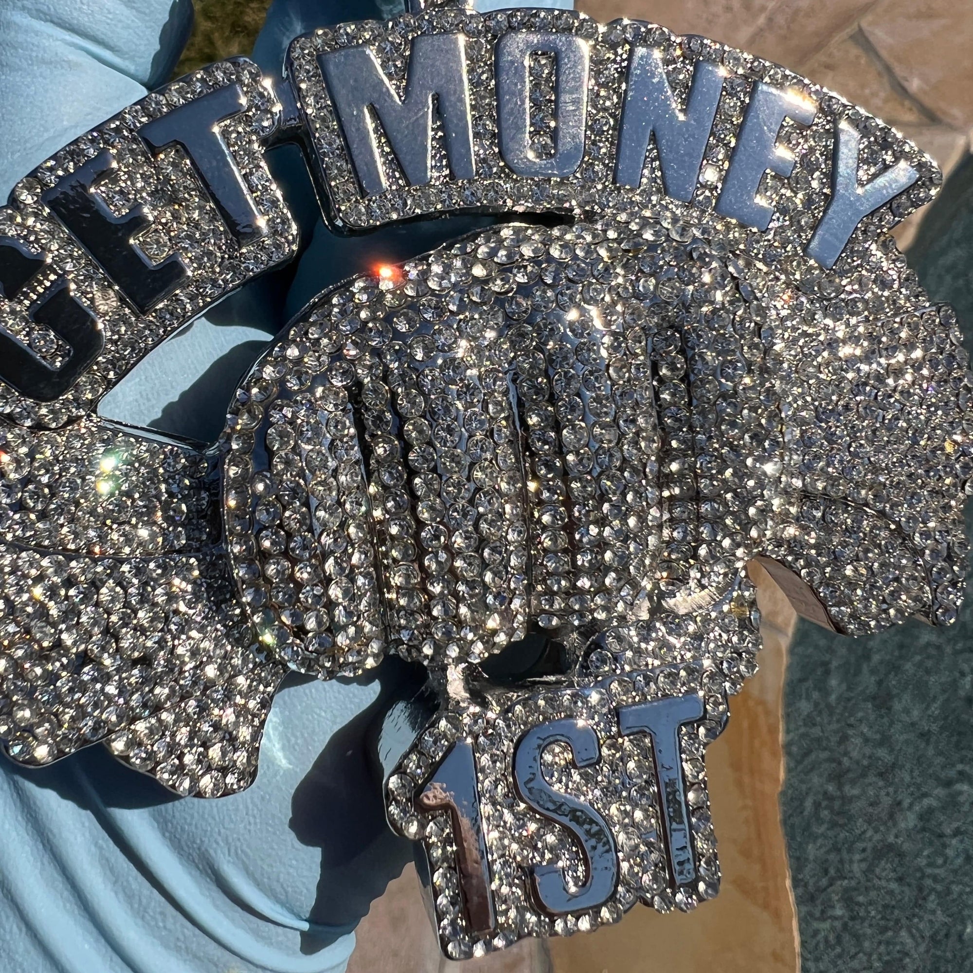 Huge "Get Money 1st" Cash Fist Jumbo Hip Hop Pendant Silver Tone