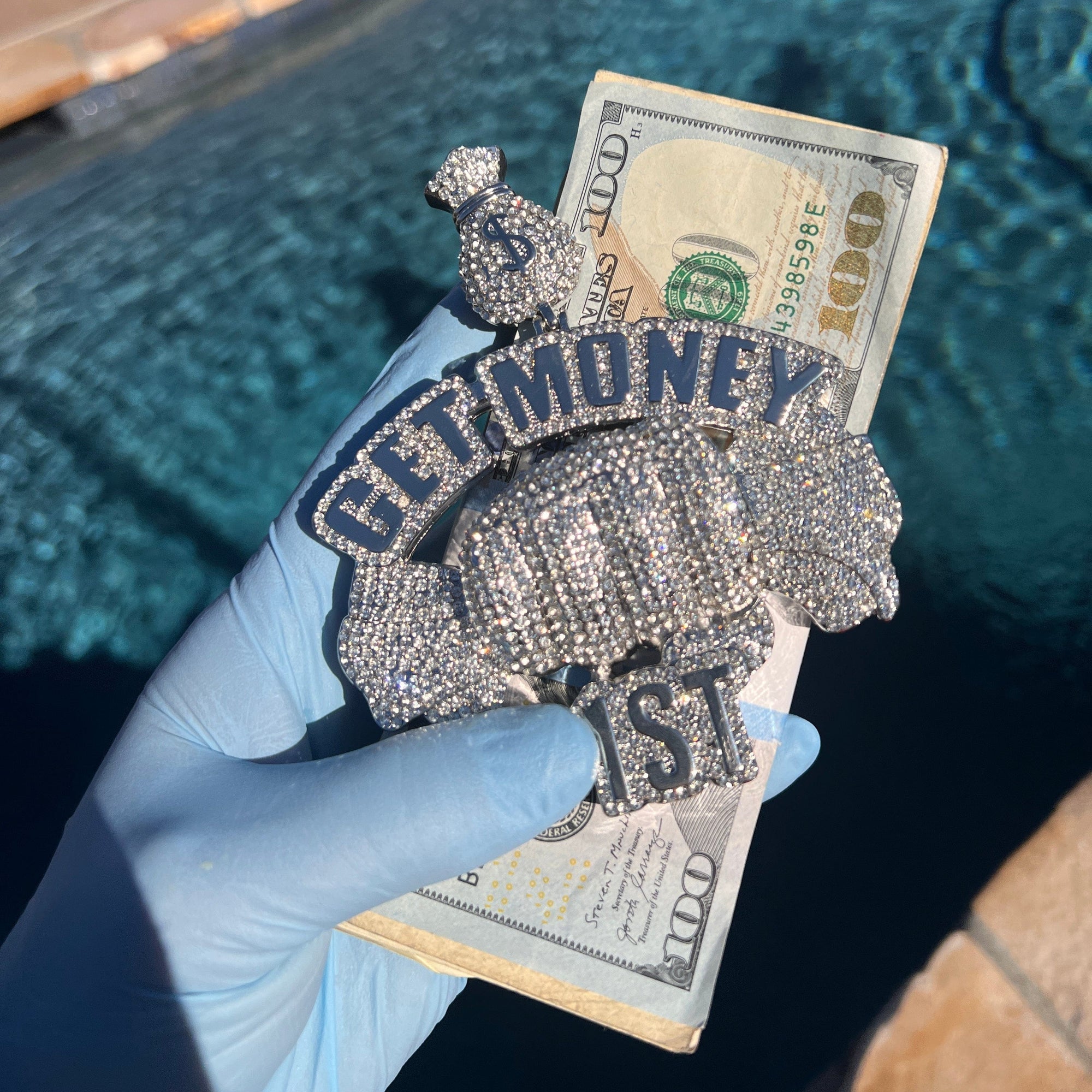 Huge "Get Money 1st" Cash Fist Jumbo Hip Hop Pendant Silver Tone