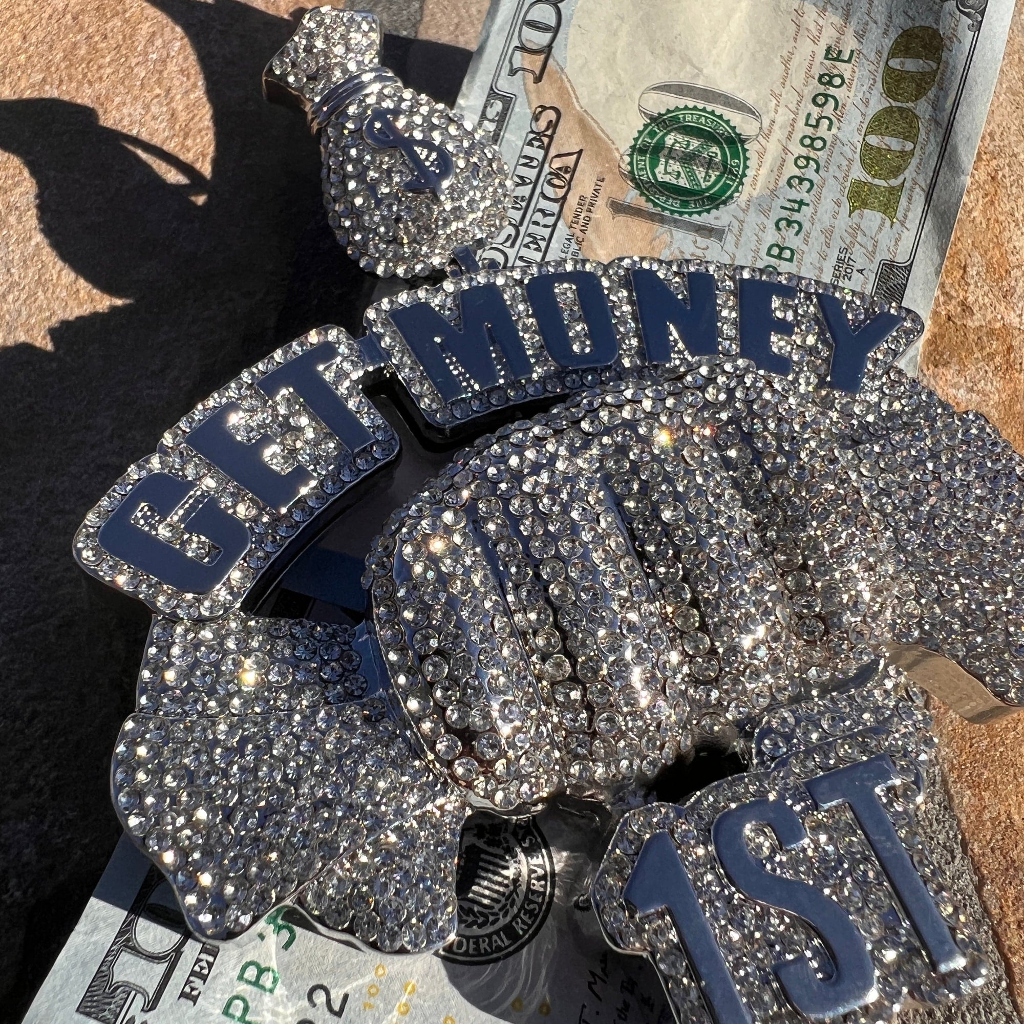Huge "Get Money 1st" Cash Fist Jumbo Hip Hop Pendant Silver Tone
