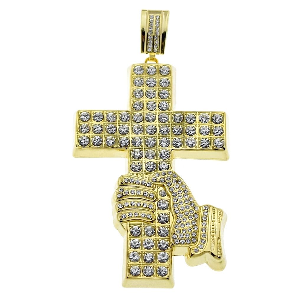 Huge Hand Holding Jesus Cross Gold Finish Iced Pendant