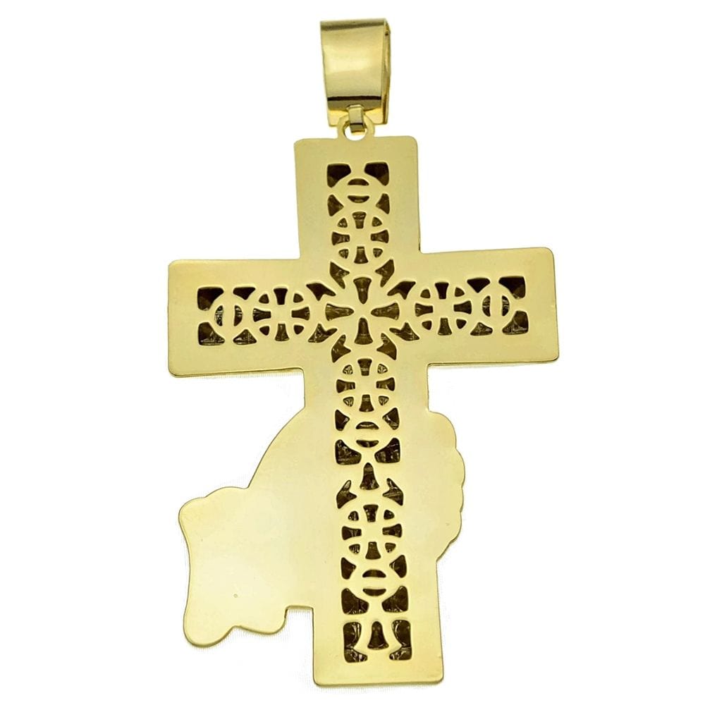 Huge Hand Holding Jesus Cross Gold Finish Iced Pendant