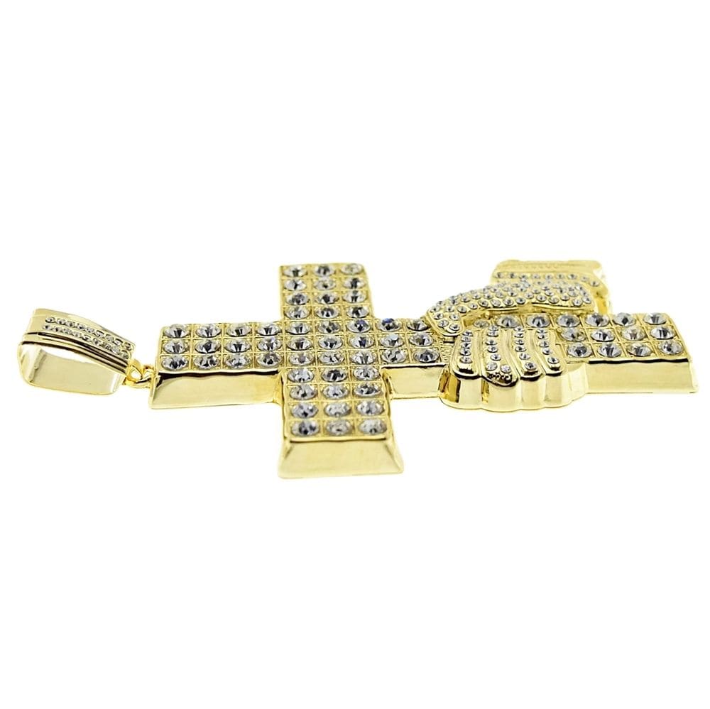 Huge Hand Holding Jesus Cross Gold Finish Iced Pendant