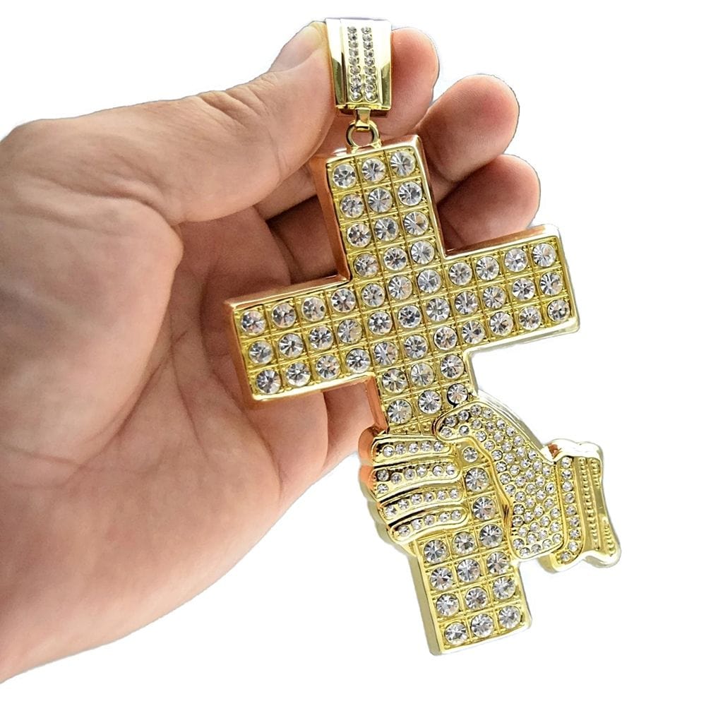 Huge Hand Holding Jesus Cross Gold Finish Iced Pendant