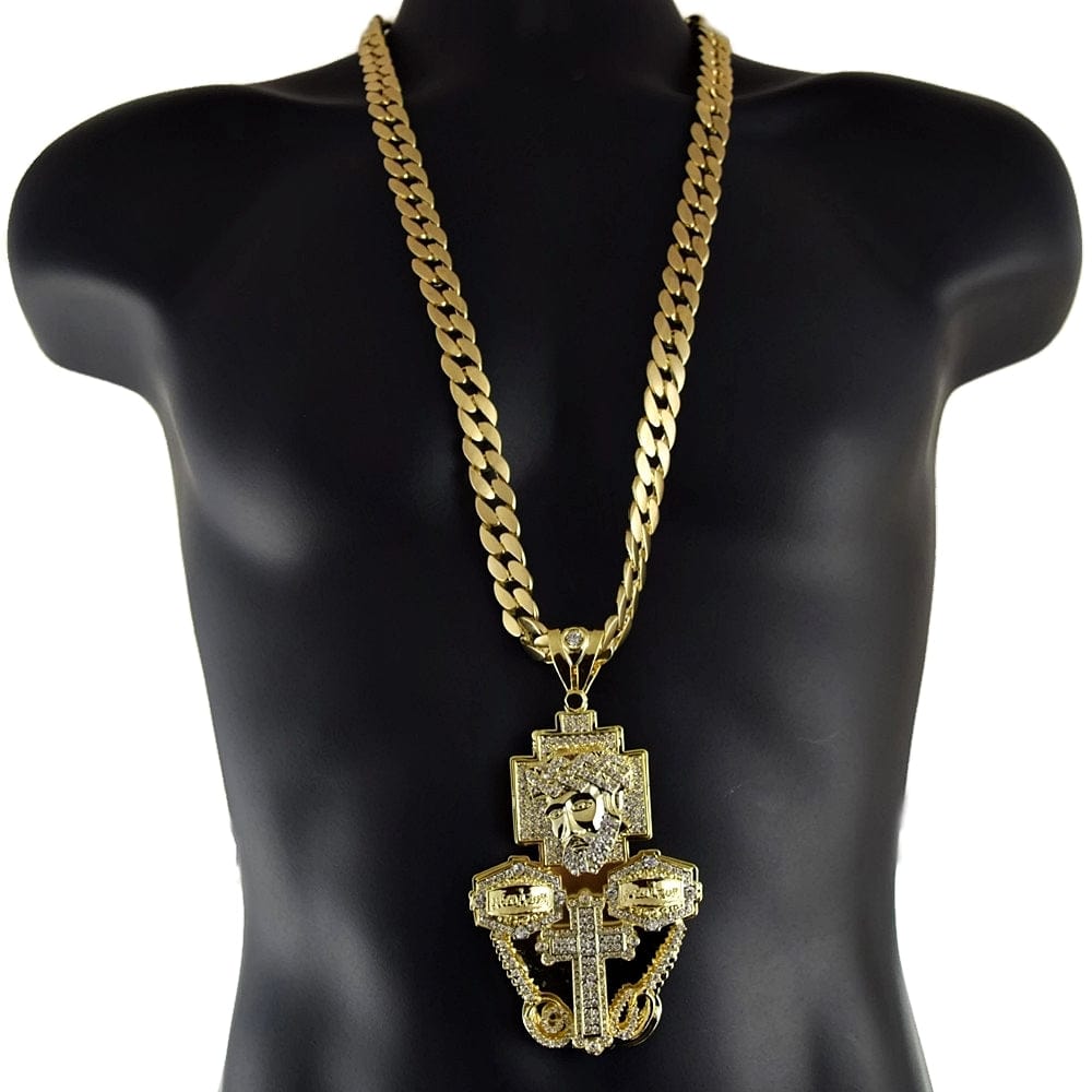 Huge Jesus 3D Combo Iced Pendant Gold Finish Cuban Link Chain Necklace