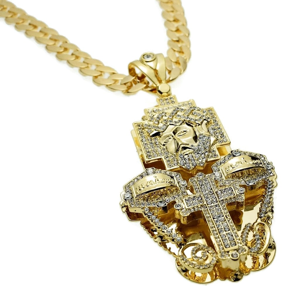 Huge Jesus 3D Combo Iced Pendant Gold Finish Cuban Link Chain Necklace