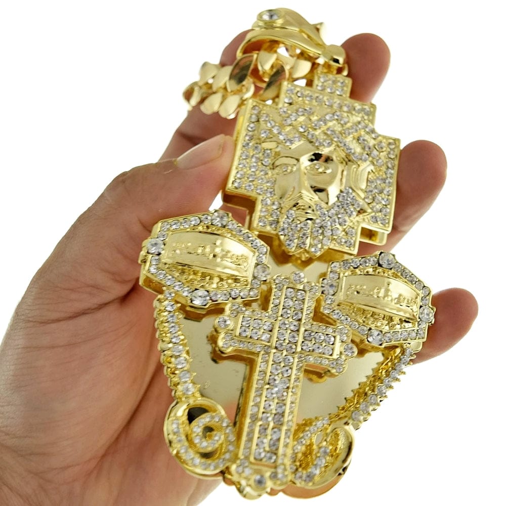 Huge Jesus 3D Combo Iced Pendant Gold Finish Cuban Link Chain Necklace