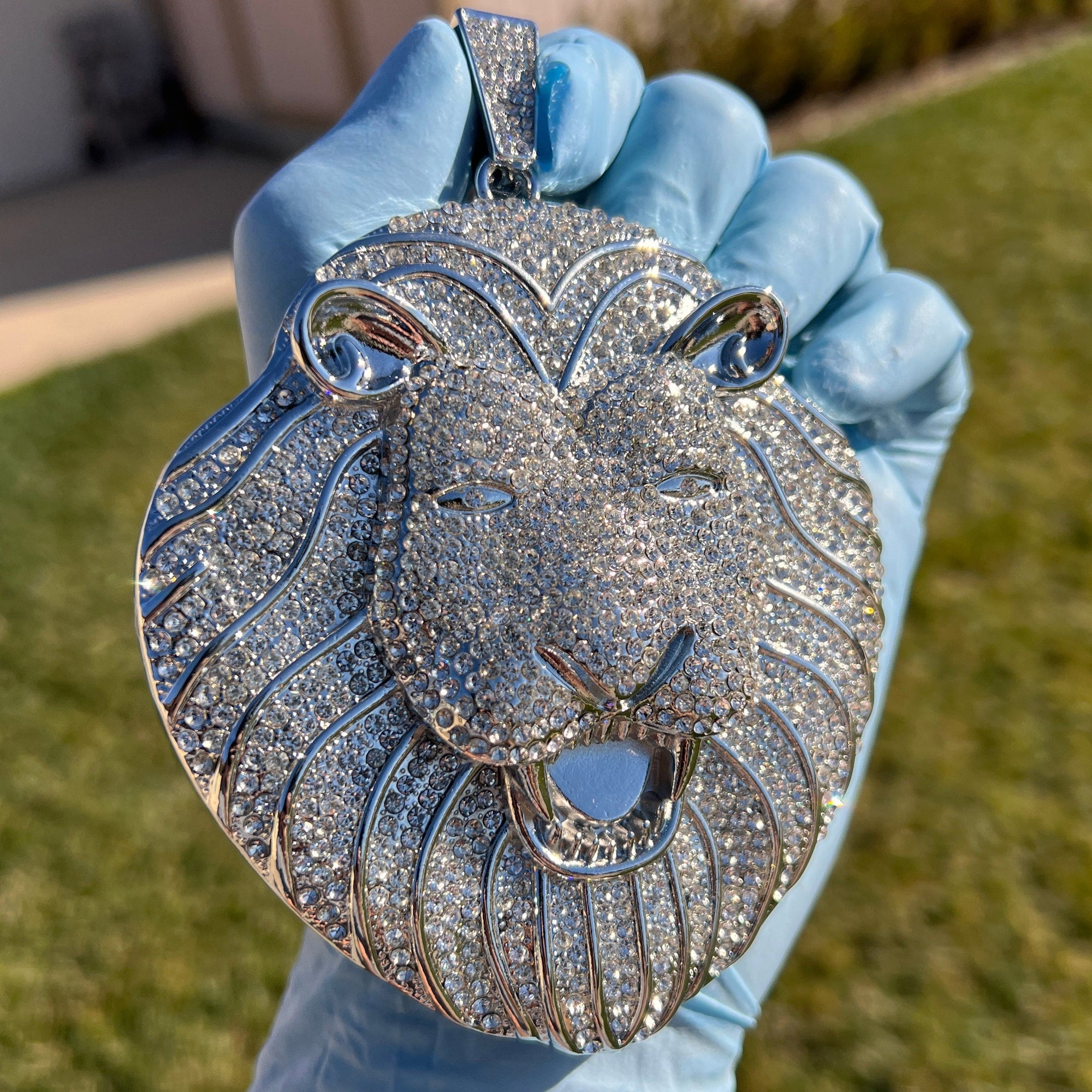Huge Lion Head Iced Bling Flooded Out Hip Hop Pendant Silver Tone