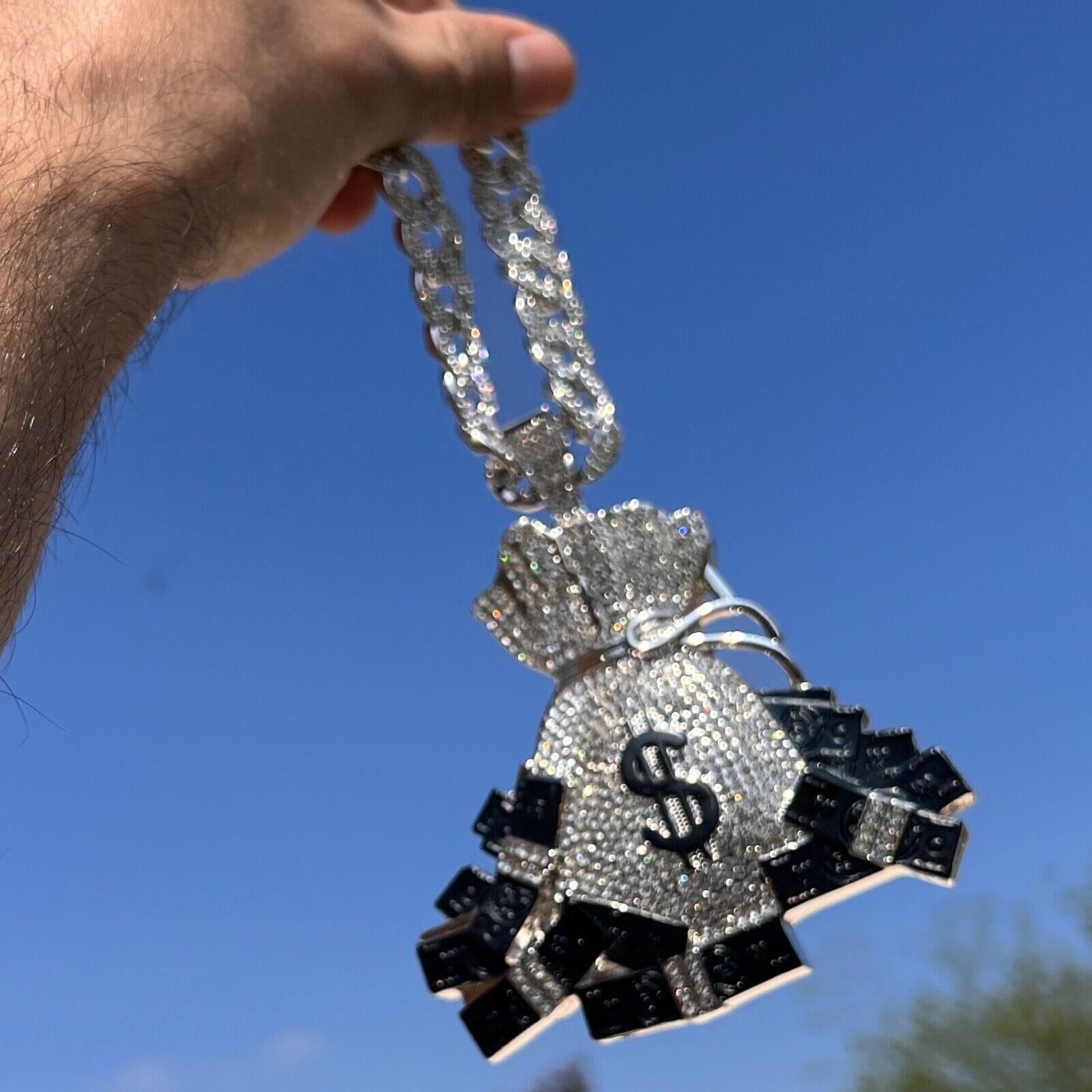 Huge Money Bag Pendant Iced CZ Silver Tone Cuban Link Chain Necklace 2