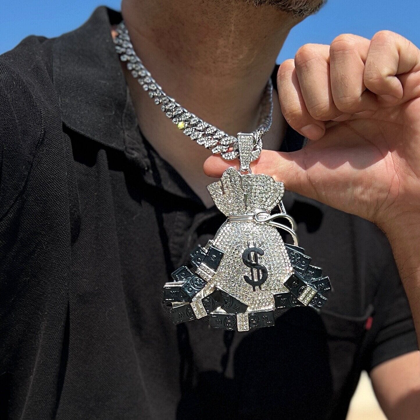 Huge Money Bag Pendant Iced CZ Silver Tone Cuban Link Chain Necklace 2