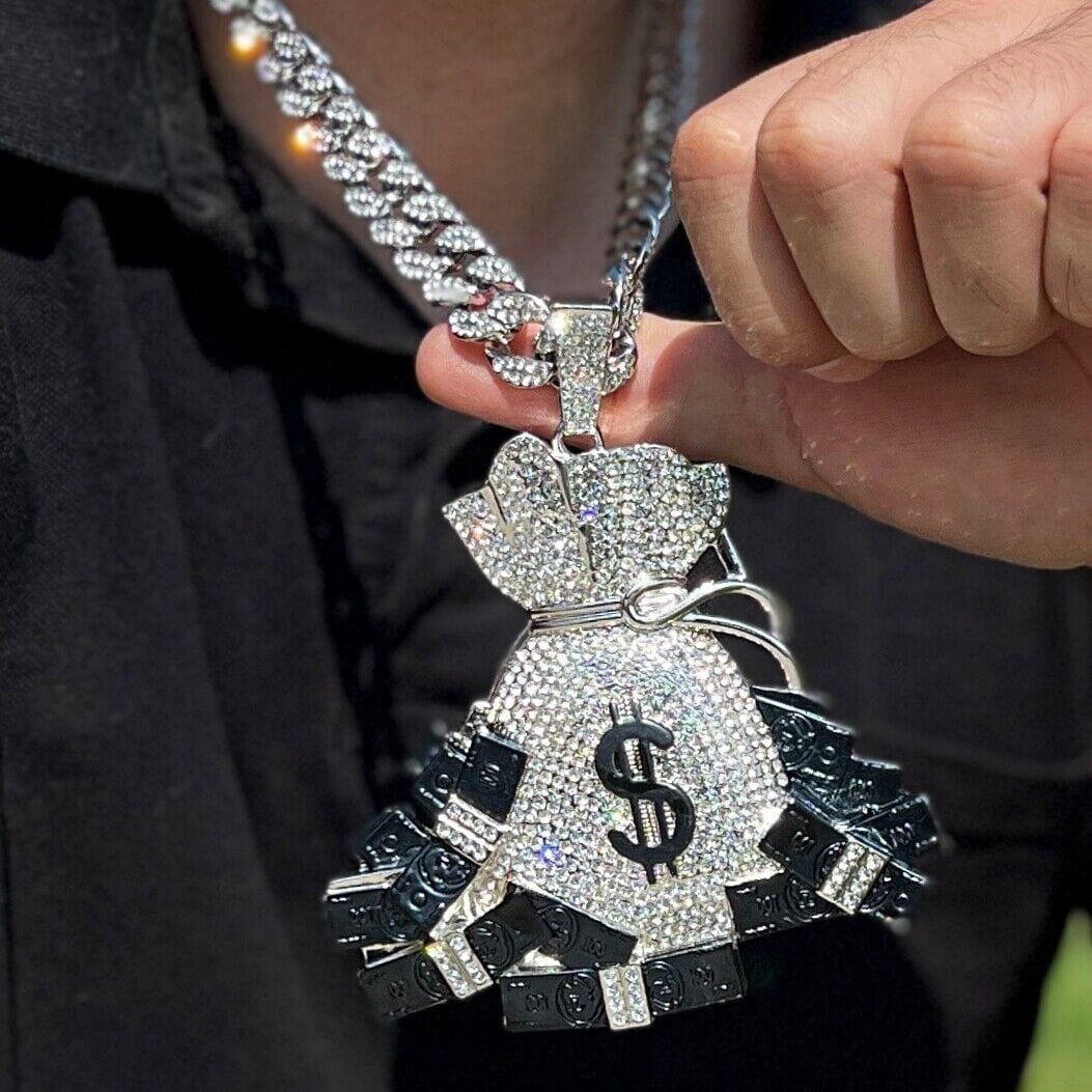 Huge Money Bag Pendant Iced CZ Silver Tone Cuban Link Chain Necklace 2