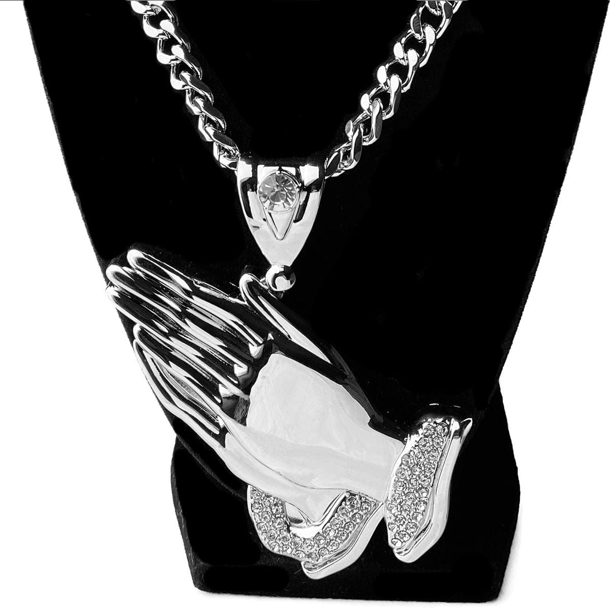 Huge Shiny Silver Praying Hands Chain Necklace 30"