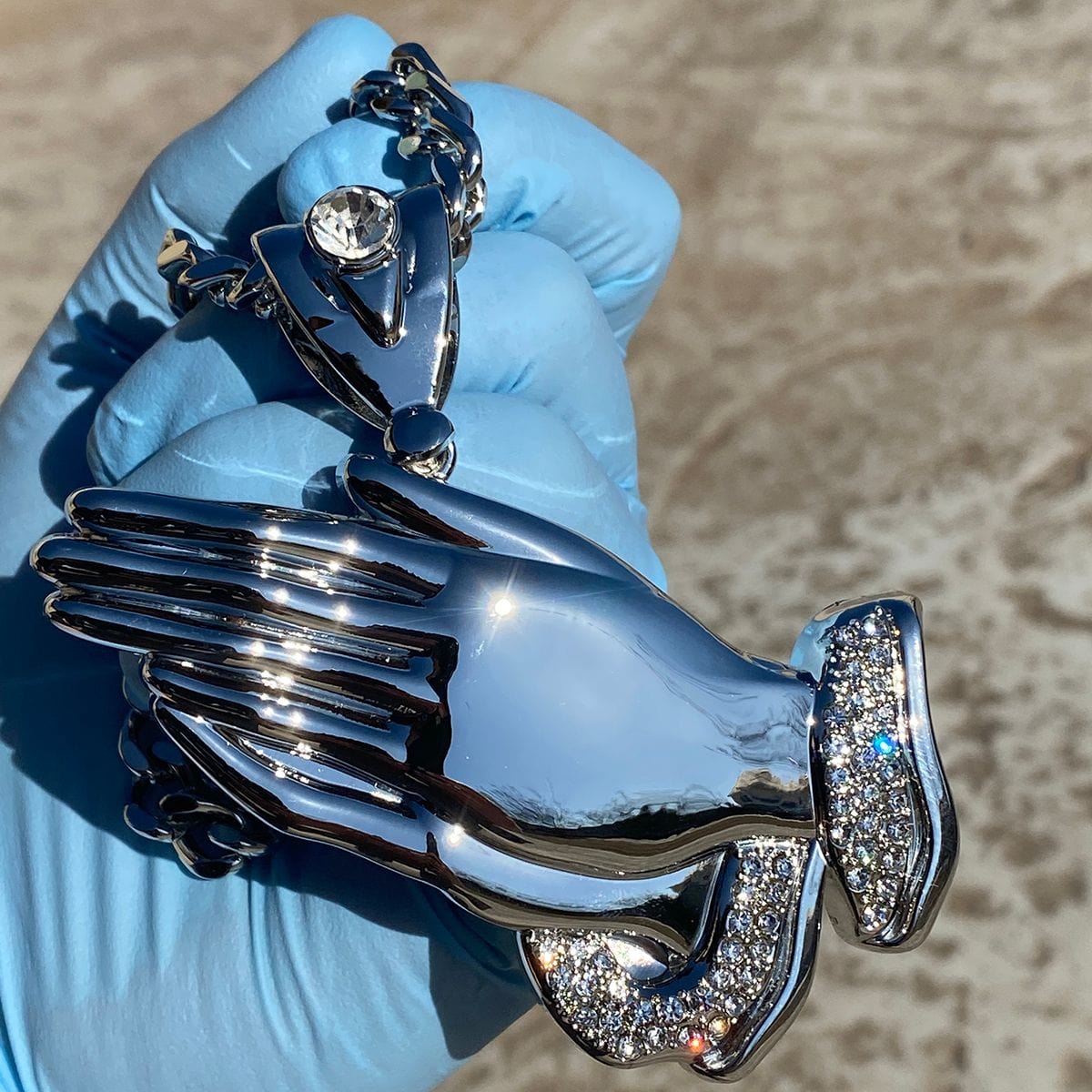 Silver Huge Shiny Praying Hands Necklace | Iced Cuban Chain