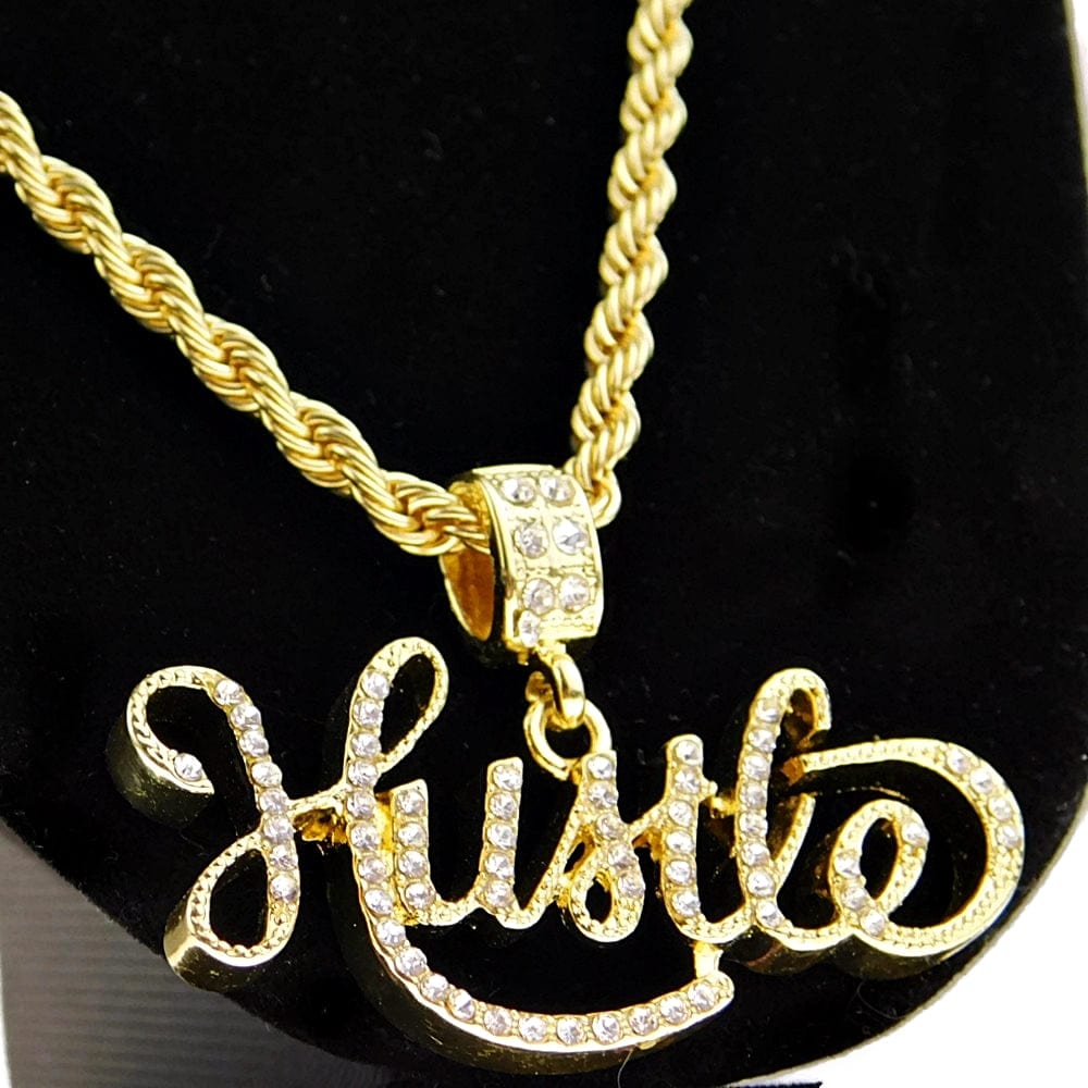 "Hustle" Iced Flooded Out Pendant Chain Gold Finish Rope Necklace 24"