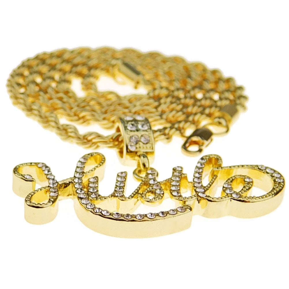 "Hustle" Iced Flooded Out Pendant Chain Gold Finish Rope Necklace 24"