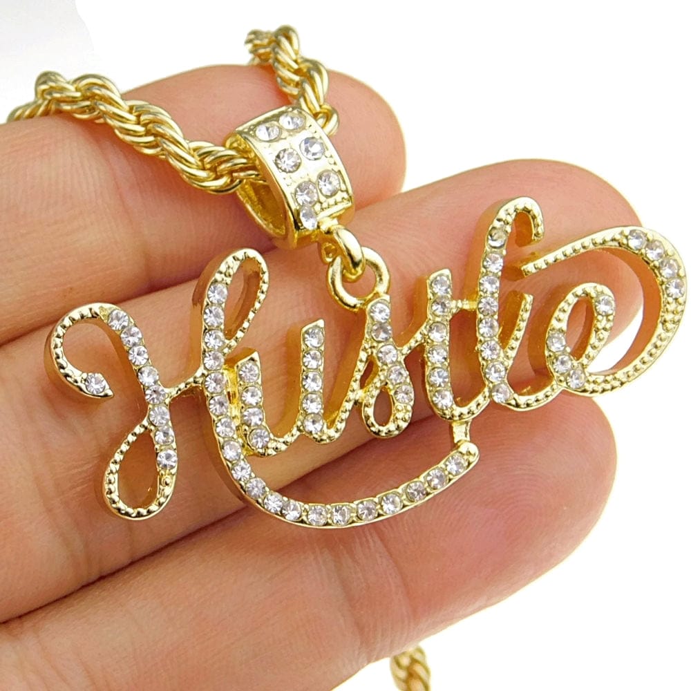 "Hustle" Iced Flooded Out Pendant Chain Gold Finish Rope Necklace 24"