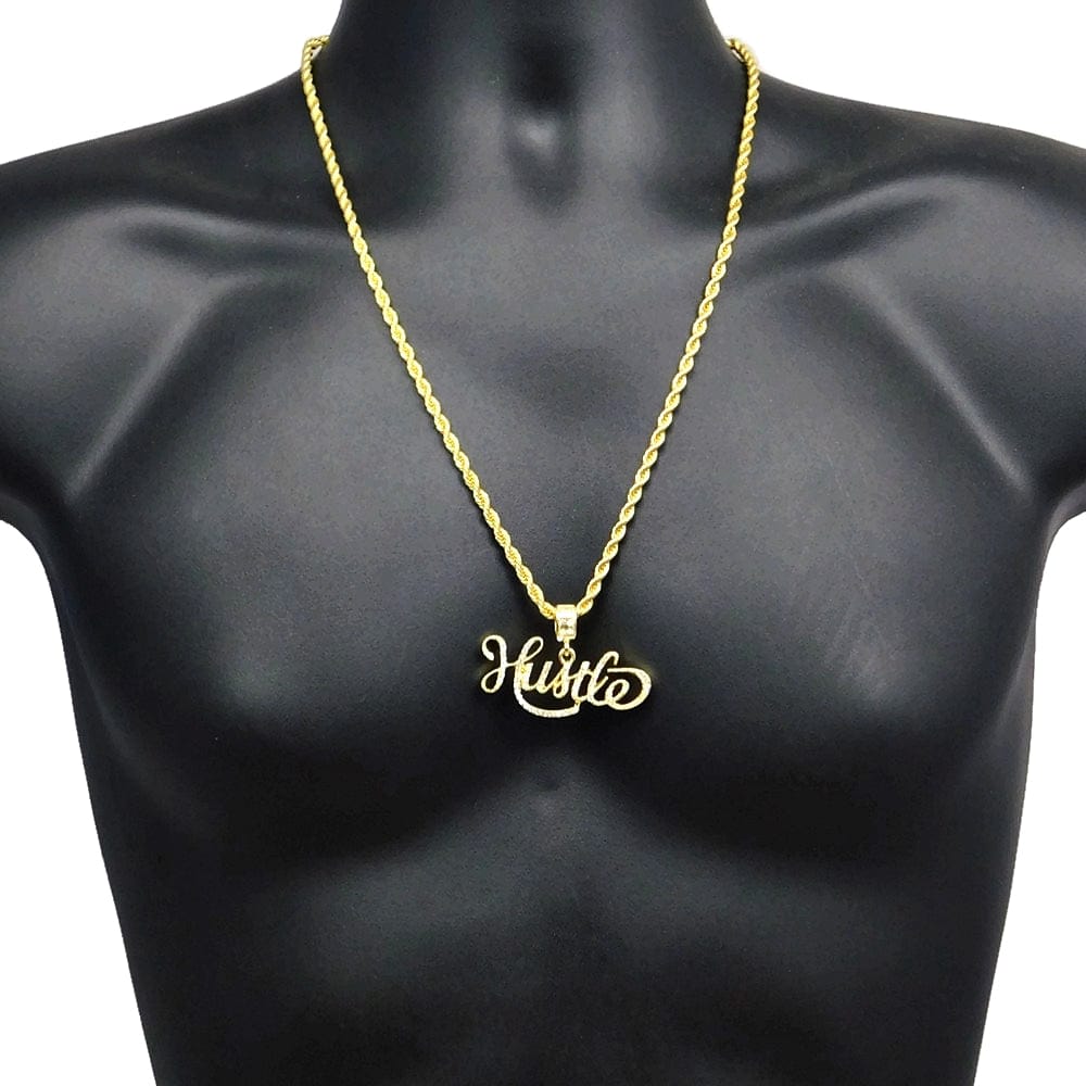 "Hustle" Iced Flooded Out Pendant Chain Gold Finish Rope Necklace 24"