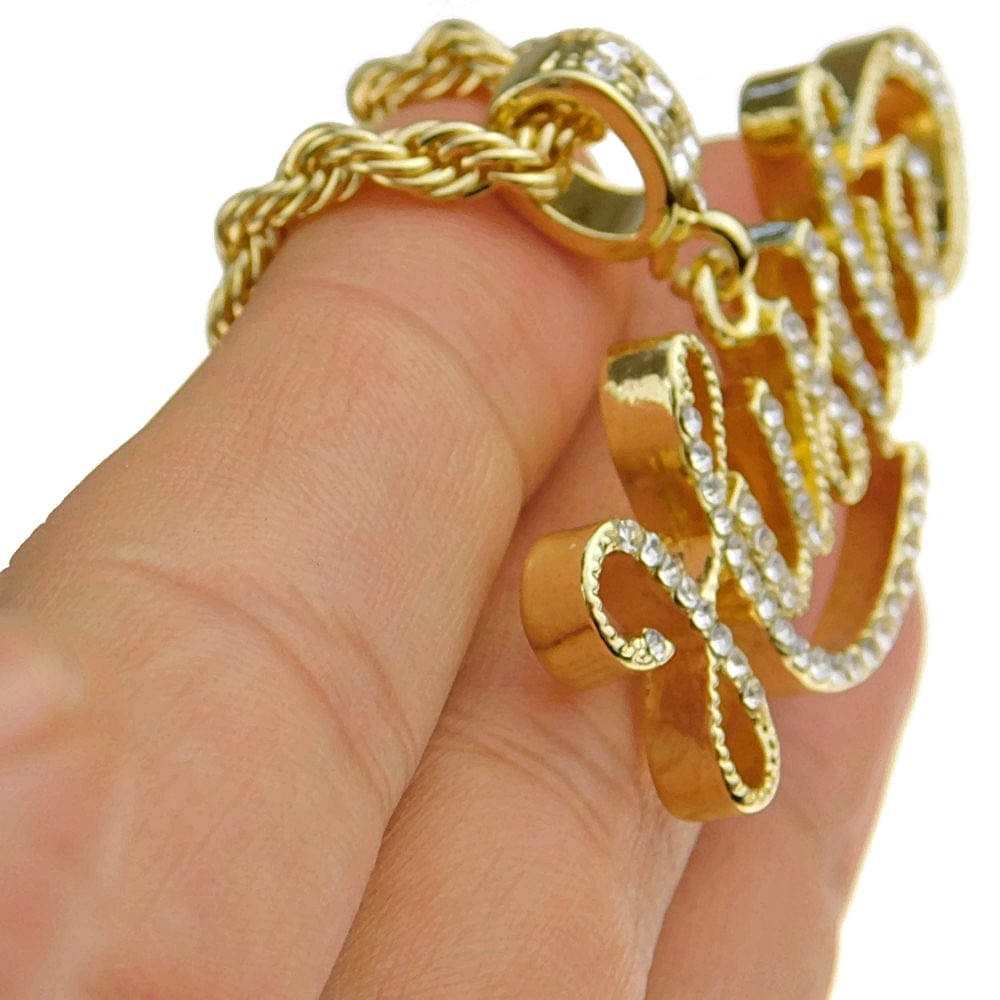 "Hustle" Iced Flooded Out Pendant Chain Gold Finish Rope Necklace 24"