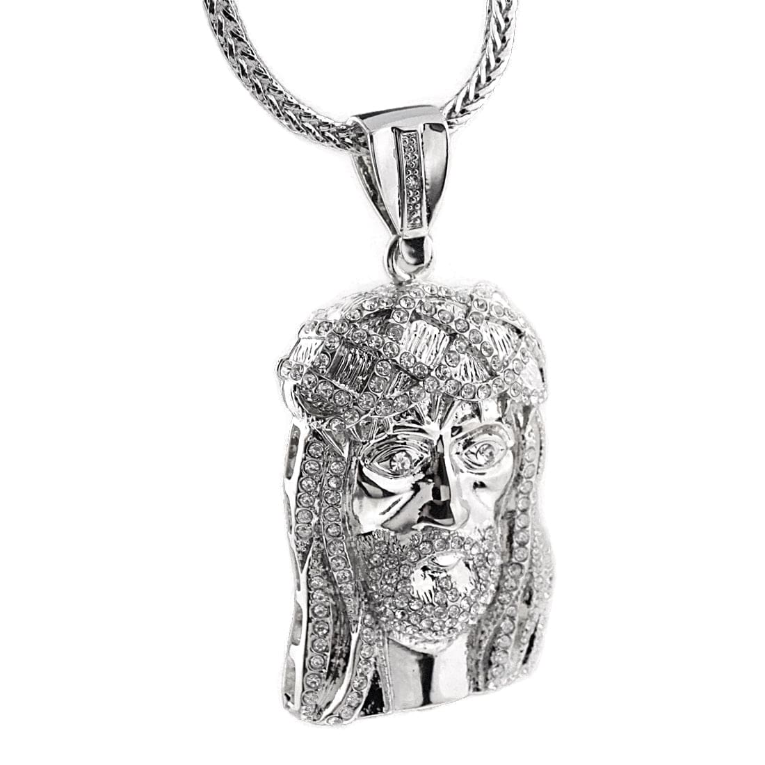Jesus Head Iced Flooded Out Silver Tone Franco Chain Necklace 36"