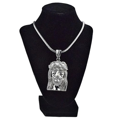 Jesus Head Iced Flooded Out Silver Tone Franco Chain Necklace 36"